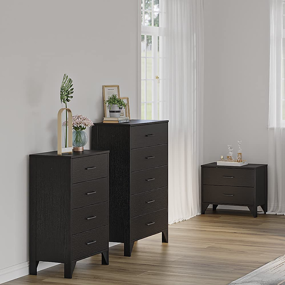 Panana 2/3/4/5/6 Drawer Dresser, Chest of Drawers Wooden Storage Dresser Cabinet Bedroom Furniture (2 Drawer, Black)