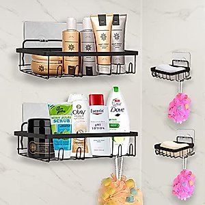 Fakoidat Shower Caddy with Soap Dish Holder, Set of 4 Adhesive Shower Shelves, Large Capacity Rustproof Stainless Steel Bathroom Organizer for Inside Shower, No Drilling Needed, Sleek Black Finish