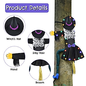 63" Large Crashing Witch Into Tree Halloween Decoration with Led Lights, Hanging Witch Cute Halloween Decorations Outdoor Crashed Witch Props Ornaments for Front Yard Tree Porch Lawn Garden Patio