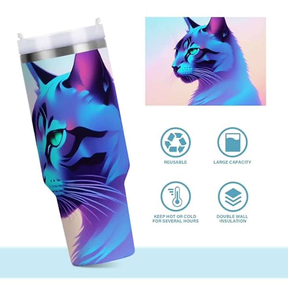 Nexawaveo Blue Hued Cat Tumbler With Handle And Straw 30-40oz Insulated Tumbler Cups With Lid Stainless Steel for Cold Water and Drinks for School Work Sports Car Travel and Weekends