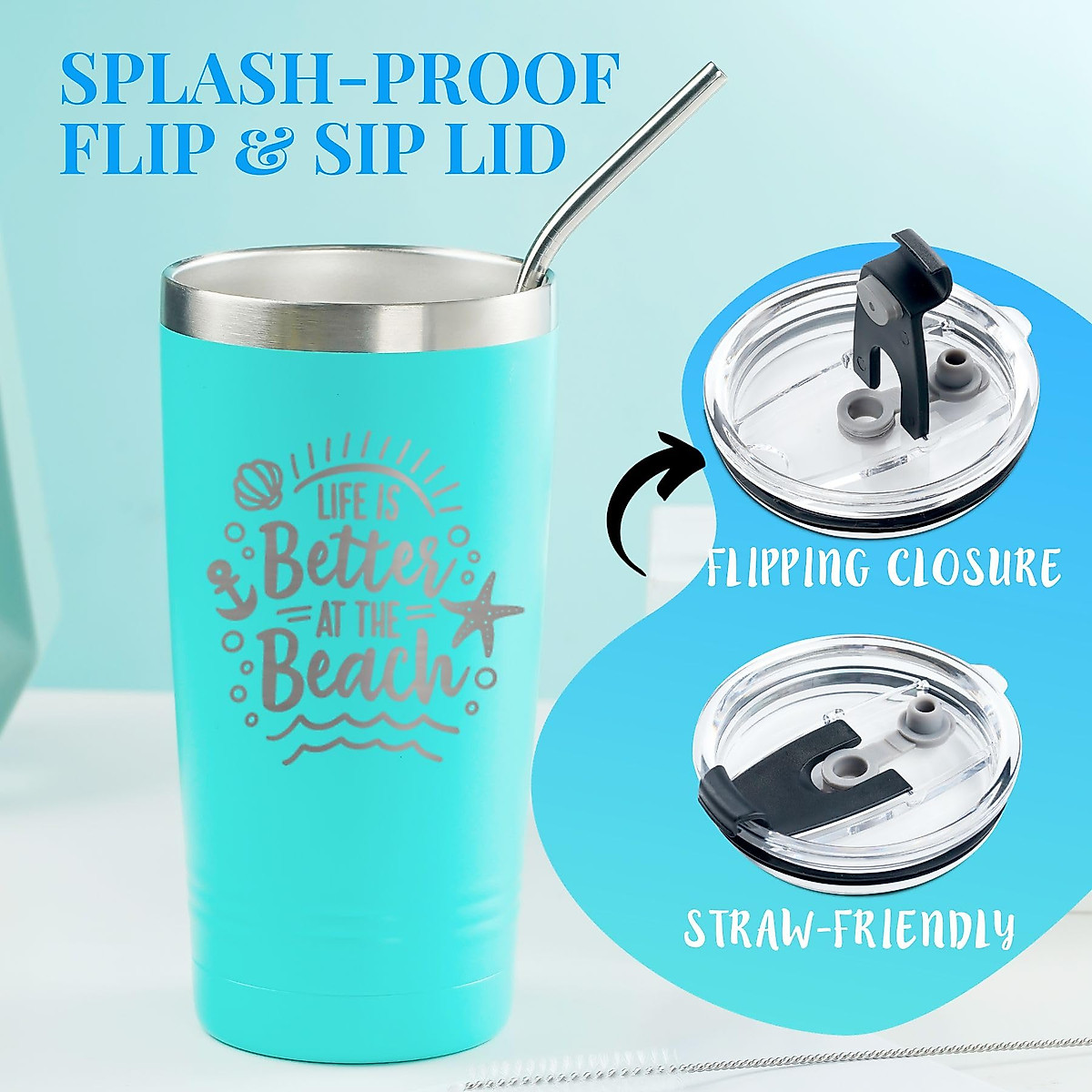 Onebttl Beach Gifts for Women or Men, 20oz Vacuum Insulated Stainless Steel Travel Tumbler with Lid, Beach Themed Gifts, Gifts for Beach Lovers, Blue (Life is Better at the Beach)