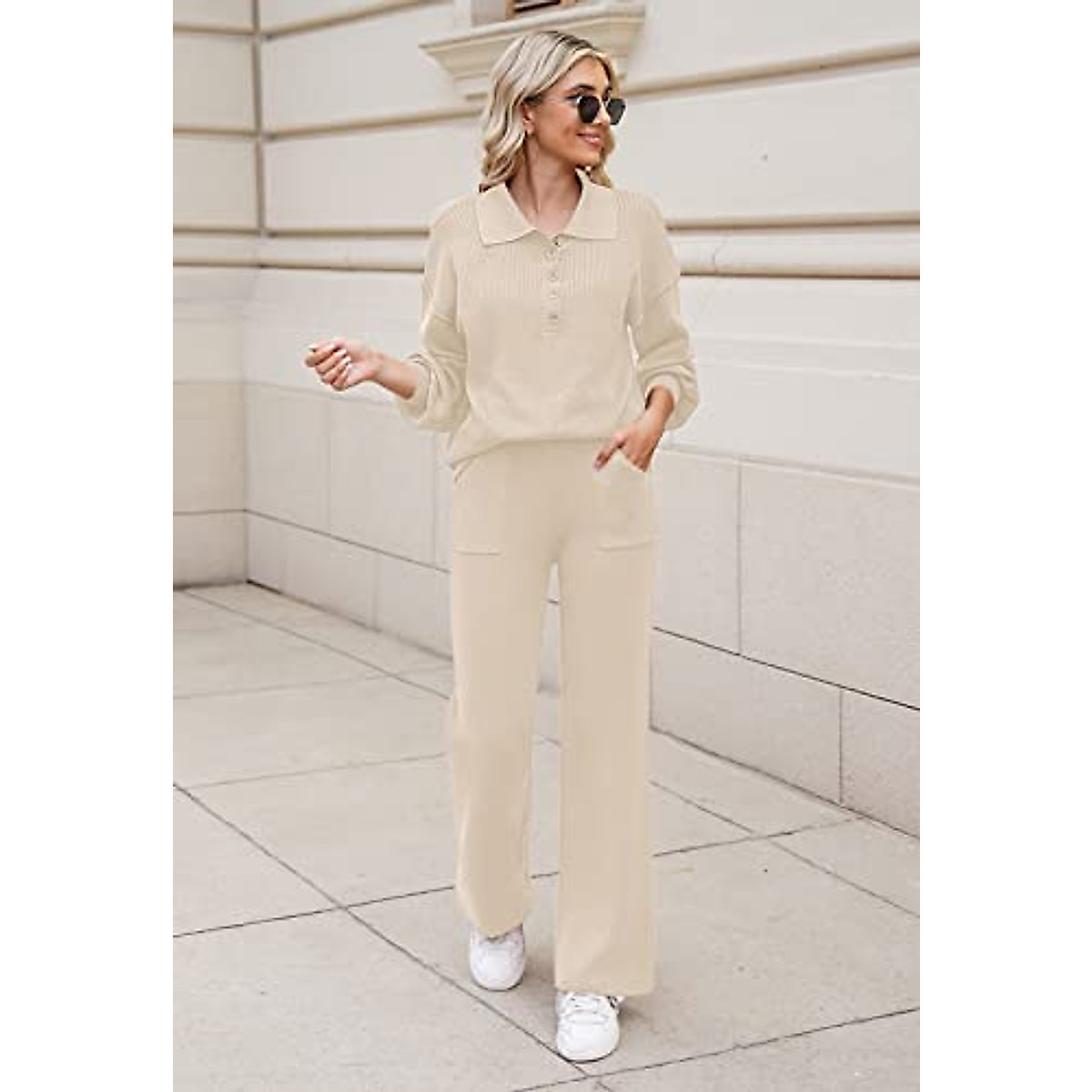 Pink Queen Women's 2 Piece Jogger Set Oversized Ribbed Knit Button Sweater Top Long Pants Tracksuit Pajama Set Beige XL