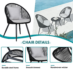 COBANA 3 Piece Patio Bistro Set, Outdoor Conversation Balcony Furniture Set with Glass Top Table and Cushioned Chairs, Black