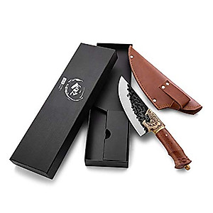 Meat Cleaver Knife Forged in Fire Butcher Knife Professional Boning Knife with Sheath Outdoor Chef Knife Carbon Steel Kitchen Knives for Camping, Fishing, BBQ