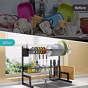 Dish Drying Rack Over Sink Adjustable (25.6"-33.5"),2 Tier Stainless Steel Length Expandable Kitchen Dish Rack,Large Dish Rack Drainer for Kitchen Organizer Storage Space Saver with 10 Utility Hooks