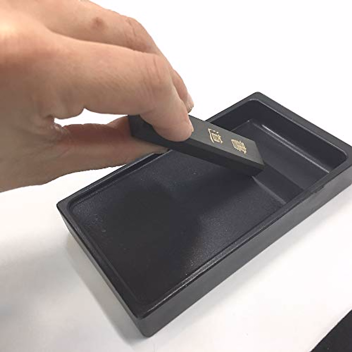 Japanese calligraphy set 9 parts | Shodo calligraphy pen (three brushes) and paper, inkstone and ink stick, non slip underlay, Paperweight, with clear case (Dark Blue edge/Clear case)