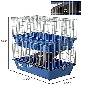 PawHut 2-Tier Guinea Pig Cage, Ferret Cage, Chinchilla Cage, Small Animal Cage Indoor with Dish and Bottle, 2 Doors, Deep Bottoms, Ramp, 28", Blue