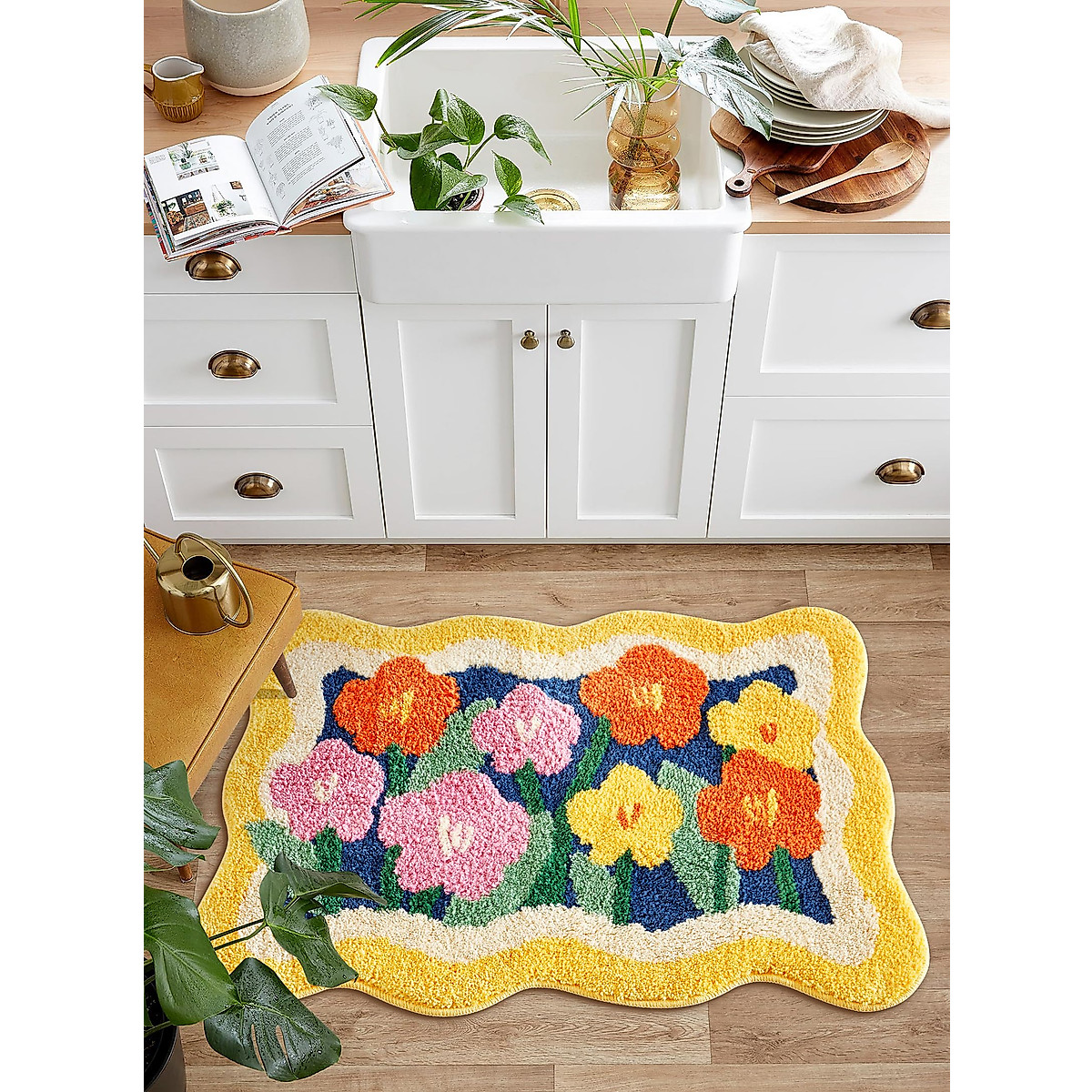 Aldopein Colorful Cute Flower Rug, Vibrant Fluffy Shaggy Boho Floral Bathroom Kitchen Rugs Mat Yellow/Orange/Pink, Non-Slip Washable 2x3 Small Aesthetic Bedroom Accent Rug Trendy Funky Throw Rug