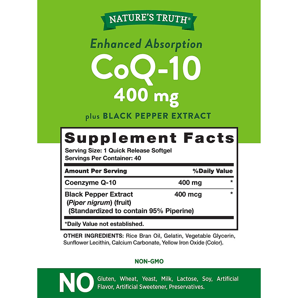 Nature's Truth Co-Q10 400mg | 40 Softgels | Maximum Strength Supplement | Enhanced Absorption | Non-GMO, Gluten Free