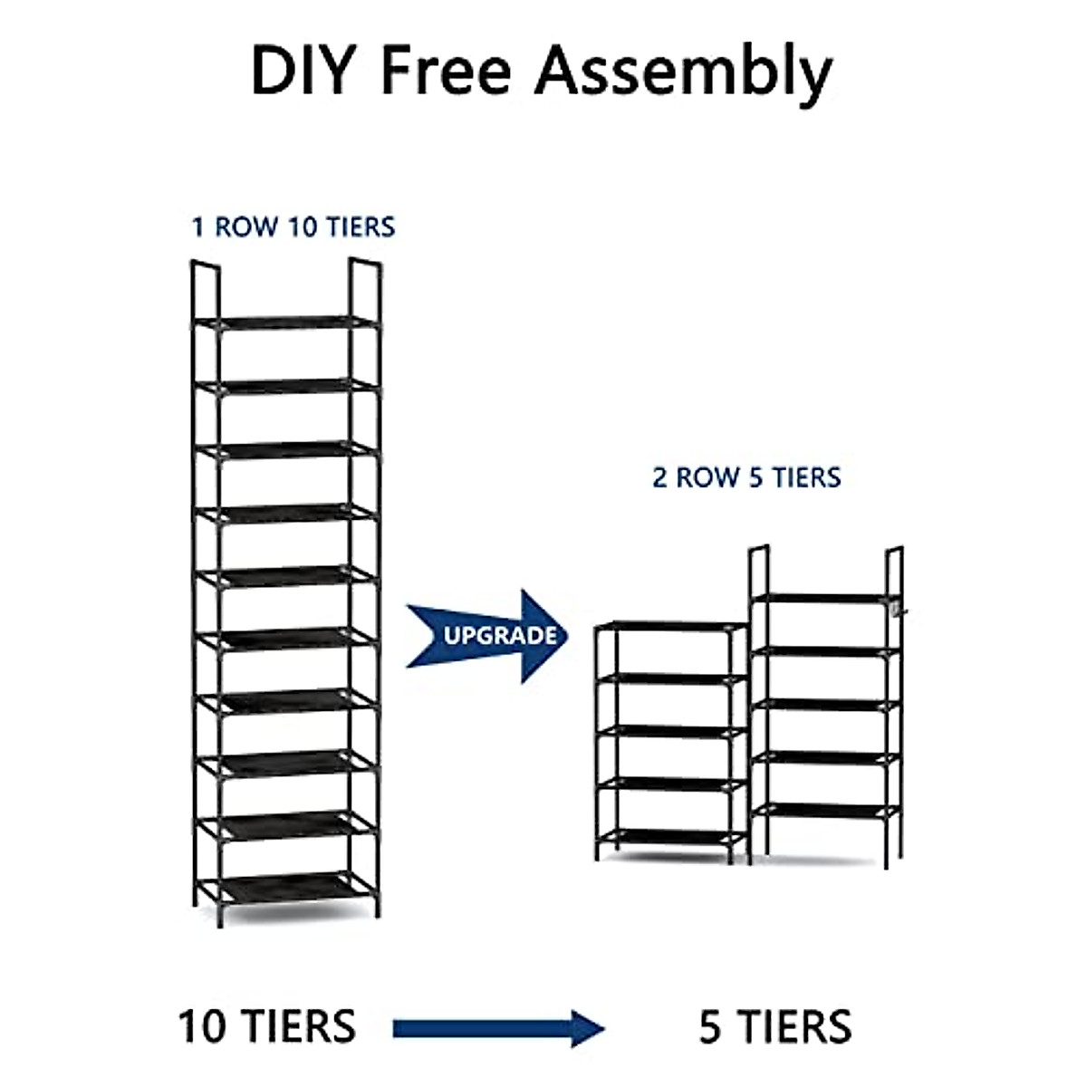 MCMACROS 10 Tiers Tall Free Standing Shoe Racks,Narrow Shoe Shelf Storage 20-24 Pairs Shoes, DIY assembly shoe rack layers,Space-Saving for Closet,Entryway,Anywhere.Black.