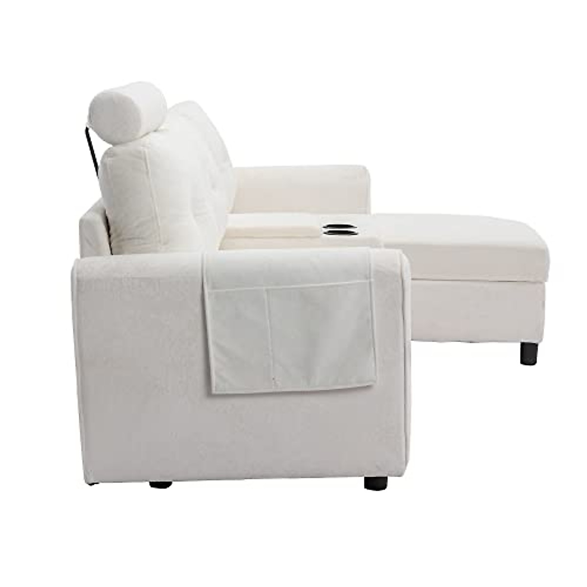 FANYE L-Shaped Corner Sectional Reversible Storage Chaise, Modern Convertible Sofa & Couch W/Headrest and Cupholders for Home Apartment Office Living Room, White Polyester