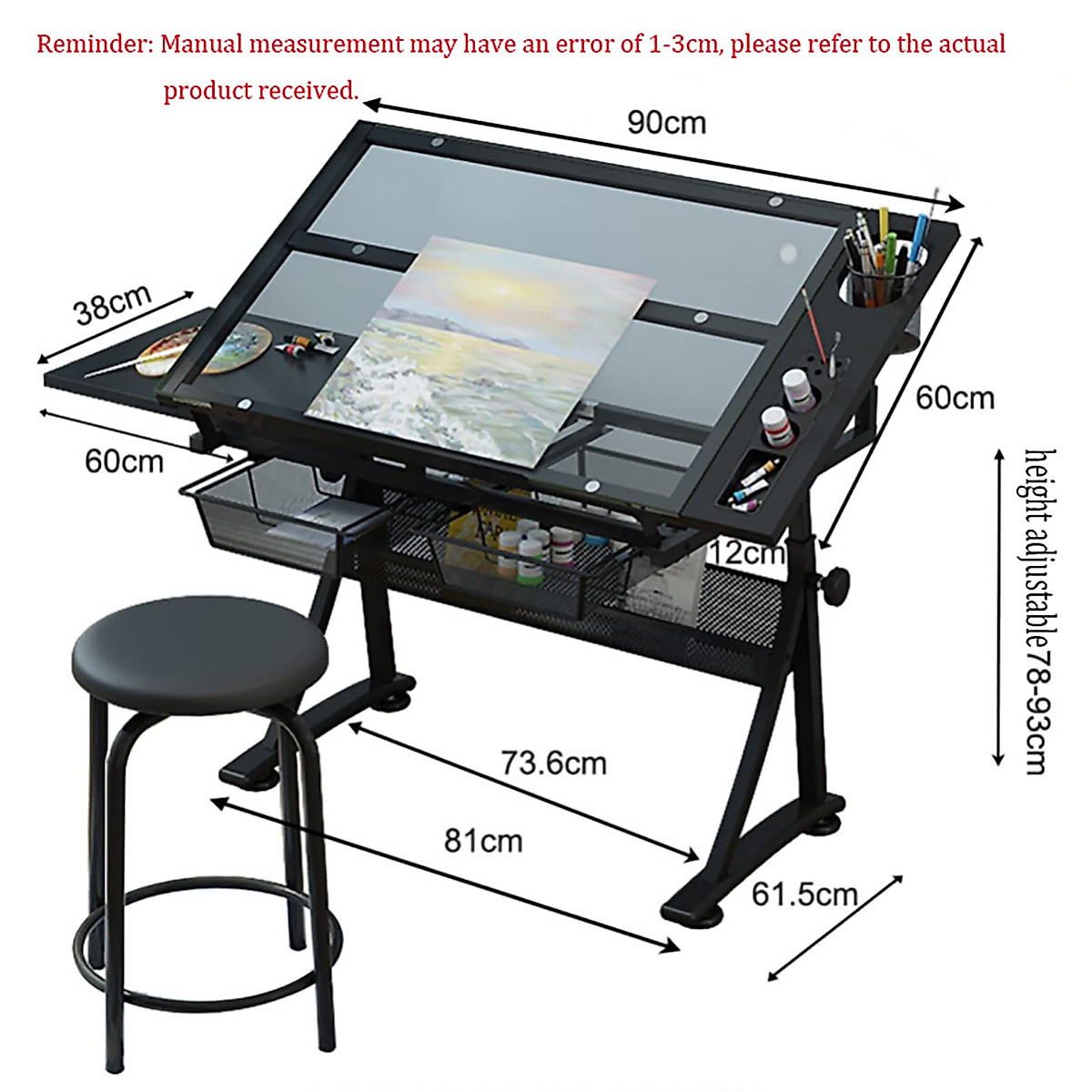 EESHHA Drawing Table Adjustable Height Drafting Desk/Tiltable Glass Tabletop Drawing Table with 2 Storage Drawers and One Side, for Reading, Writing Art Craft W/Stool, 90 * 60 * 78-93CM