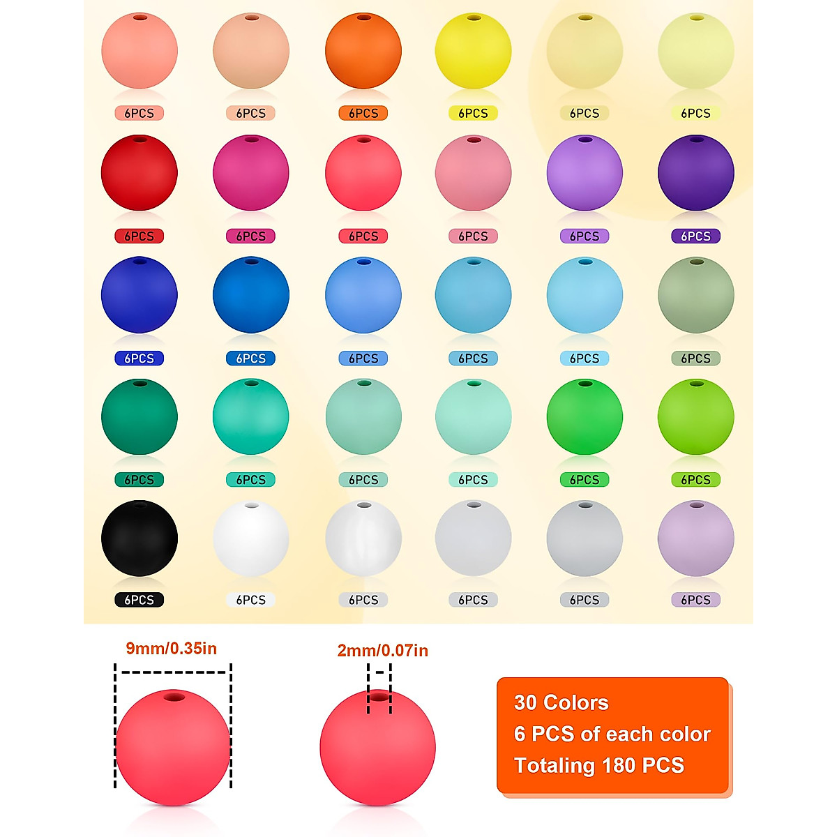 180PCS FIVEIZERO Small Silicone Beads, 30 Colors 9mm Silicone Beads Focal Beads Rubber Round Beads Mixed Color Silicone Beads Bulk for DIY and Keychain Accessories Silicone Beads Crafts Making