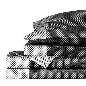Anne Klein Westhill Dot, 100% Cotton Sateen Sheet Set, with Flat Sheet, Fitted Sheet, Pillowcases,Full, Black