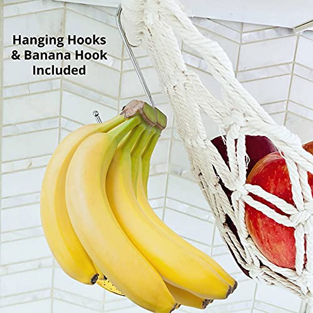 Fruit Hammock - Hanging Fruit Basket - Produce and Veggie Storage for Kitchen Under Cabinet - Banana Hook - Macrame Boho Modern (Natural)