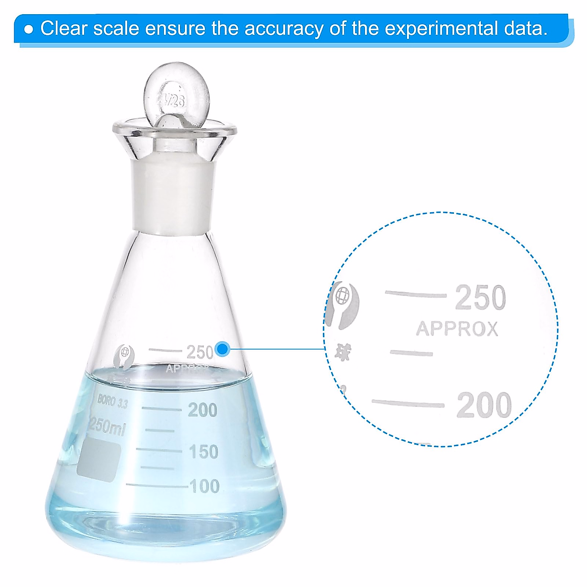 PATIKIL Erlenmeyer Flask, 250ml 8.5oz Narrow Mouth Graduated Flasks with Glass Stopper Borosilicate Glass Flasks with Printed Graduation for Lab Experiment Chemistry Science