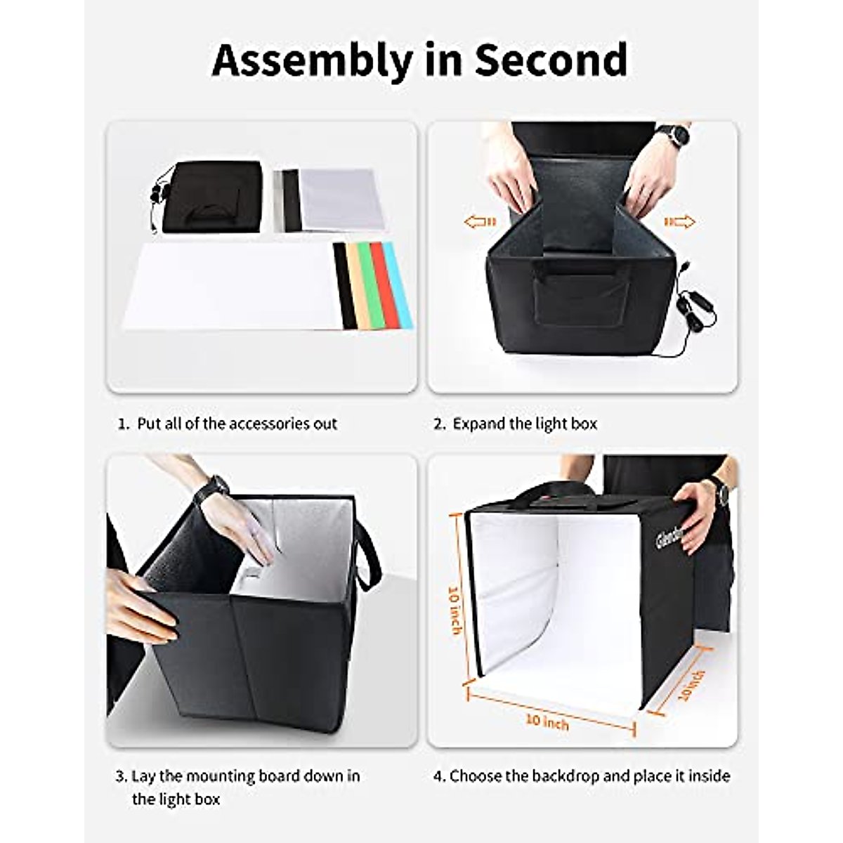 Glendan Light Box Photography, 10"x10" Photo Box with 88 High Color Rendering Index LED Lights, 6 Color PVC Backdrops, 4 Reflection Boards and 1 Diffuser for Jewelry and Small Item Product Photography