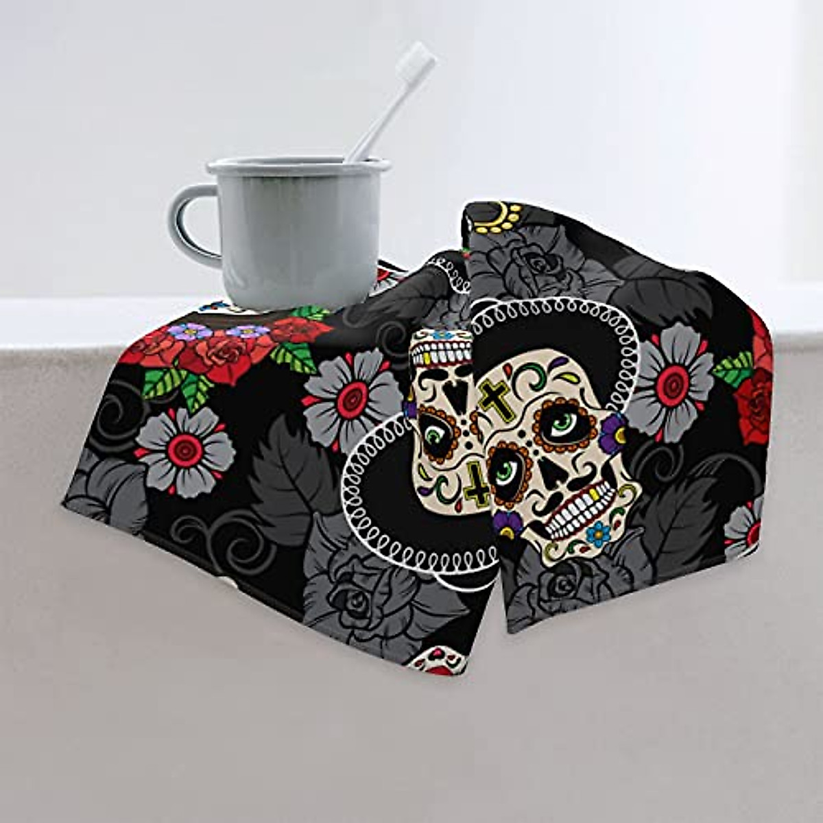 Perinsto Sugar Skulls Hand Towel Day of The Dead Decorative Fingertip Towels Multipurpose for Bathroom Kitchen Gym and Spa, 27.5" X 15.7"