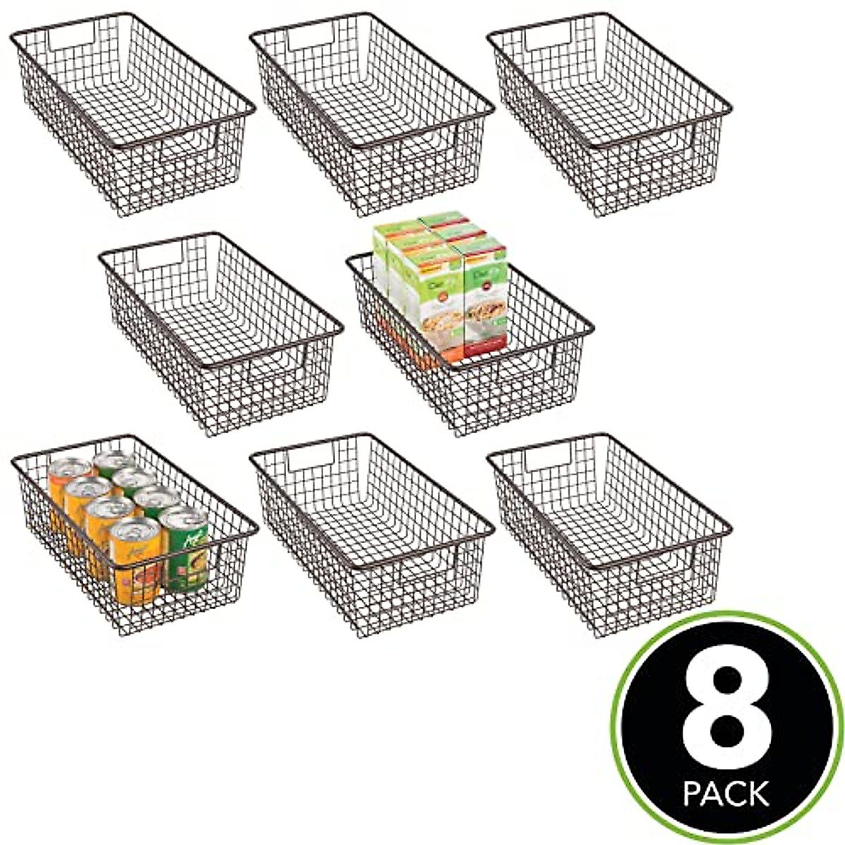 mDesign Metal Wire Food Storage Basket Organizer with Handles for Organizing Kitchen Cabinets, Pantry Shelf, Bathroom, Laundry Room, Closets, Garage - Omni Collection, 8 Pack, Bronze