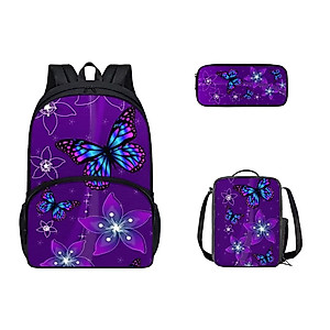 Snilety Purple Forla Butterfly Bookbags for Teen GirlsWaterproof School Backpack Set 3 in 1 with Lunch Box and Pencil Bag Durable Primary Schoolbag
