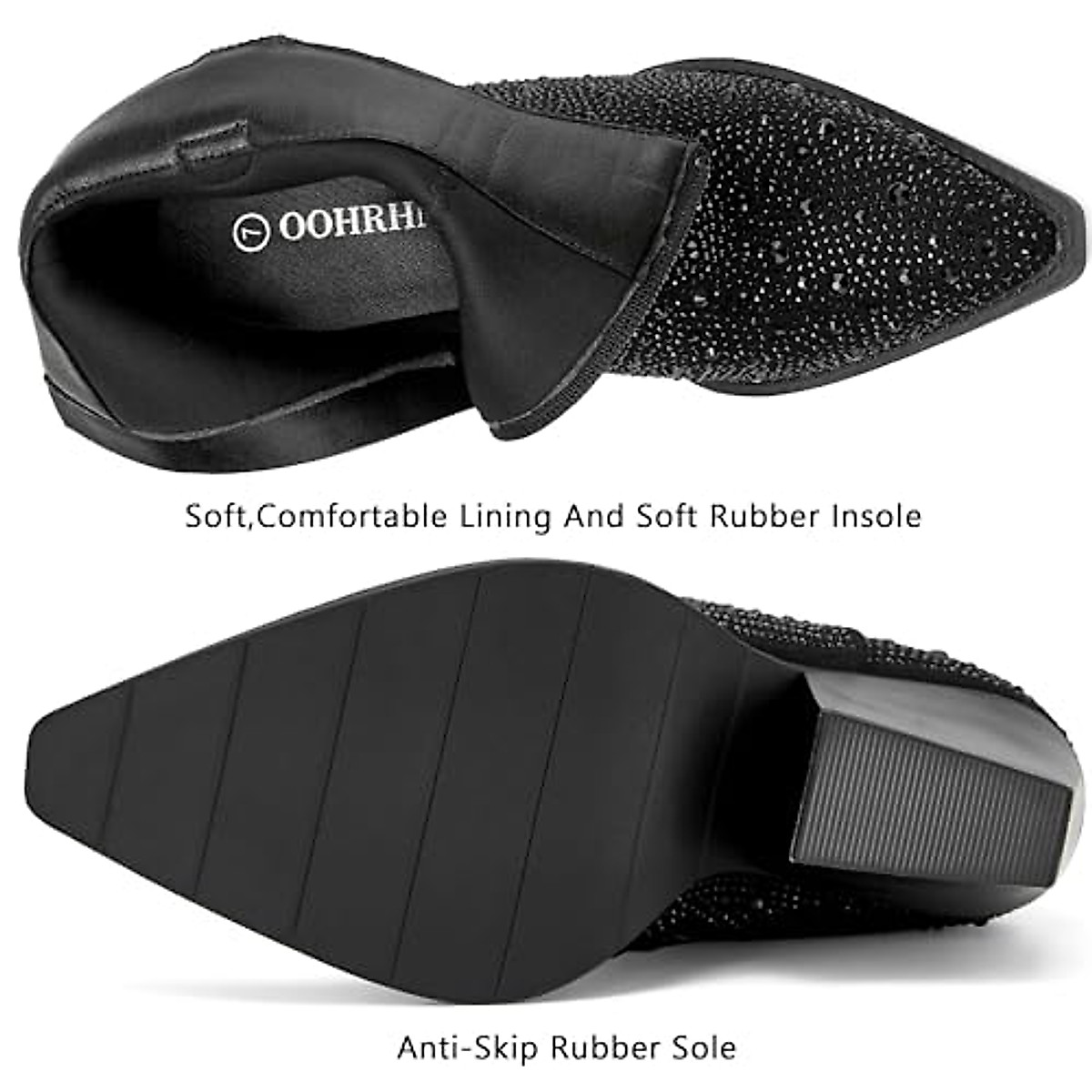 OOHRHN Women's Color Rhinestone Boots Glitter Sparkly Cowboy Booties Chunky Block Heel Pearl Detail Pointed Toe Bridal Wedding Western Ankle Boots Cowgirl Short Boots Black Stone PU Size US 8.5