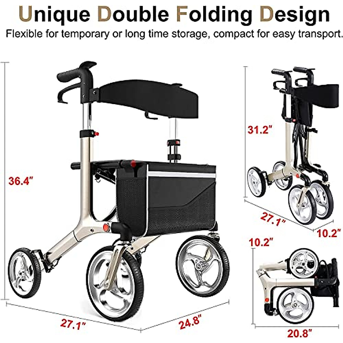 Healconnex Luxury Rollator Walkers for Seniors-Bulit-in Cable Rollator Walker with Seat, 10"Large Wheels,Aluminium Lightweight Senior Walker with Soft Rubber Handle,Padded Seat and Backrest