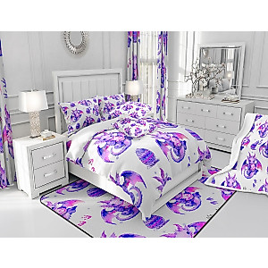 Feelyou Cartoon Dragon Bedding Set Twin Size Kids Dragon Egg Print Comforter Cover Set for Boys Girls Wild Animal Duvet Cover 3D Dragon Purple Bedspread Cover Room Decor Quilt Cover