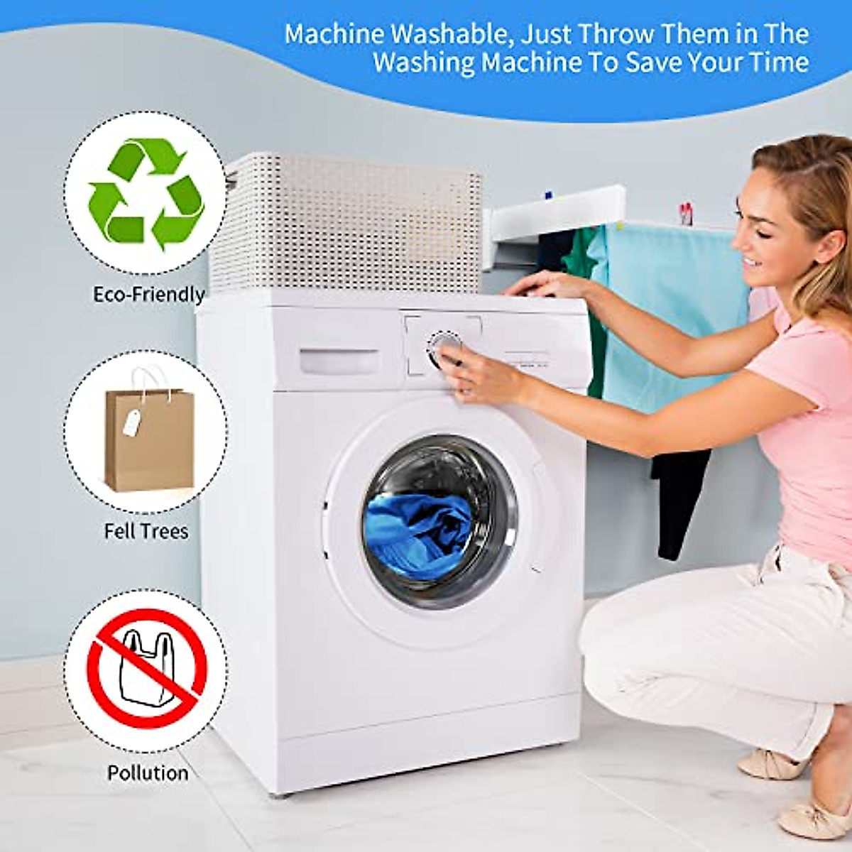 Chumia 50 Pack Reusable Grocery Bags Foldable Portable Shopping Bags Polyester Washable Grocery Bag with Handles (Sky Blue)