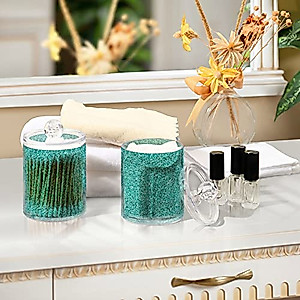 MCHIVER Teal Green Turquoise Glitter Bathroom Canisters Organizer 2 Pack Clear Plastic Jars with Lids 10 Oz Makeup Organizer for Cotton Ball Swab Round Pads Floss