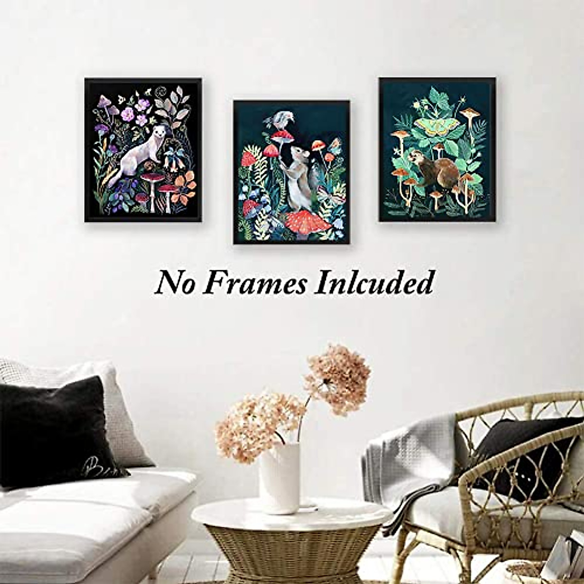 Mushroom Butterfly Wall Art, Black Background Botanical Floral Insect Wildlife Fox Print, Fun Cute Creative Nature Poster for Kitchen Bedroom Living Room Decor, Set of 4 - (8 x 10 Inch Unframed)