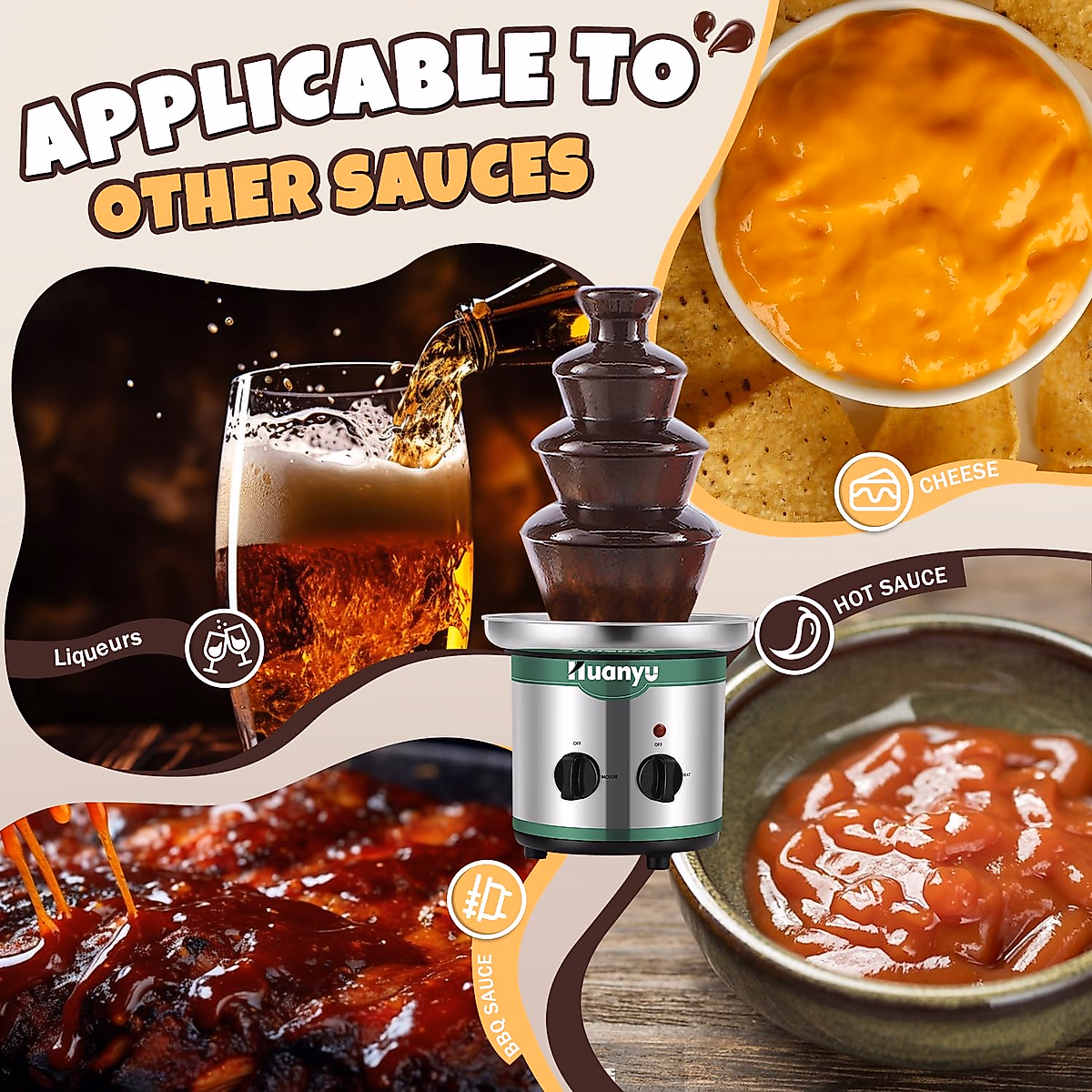 Huanyu Chocolate Fountain 4 Tier Hot Chocolate Fondue Fountain Machine Stainless Steel 18inch Melting Tower 3lbs Capacity for Chocolate Candy, Ranch, Nacho Cheese, Baby Shower, Birthday Celebration