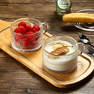 Vintage Glass Coffee Mugs with Spoons Set of 4, 14 Oz Overnight Oats Containers, Clear Coffee Cups with Handle, Embossed Breakfast Cups for Cappuccino, Latte, Cereal, Yogurt, Dessert, Beverage