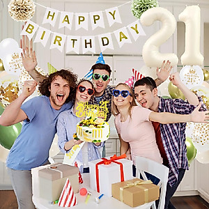 GYESXYW 21st Birthday Decorations, Sage Green Gold 21st Birthday Decorations for Her, Including Happy Birthday Banner, 21st Birthday Sash, Crown, Cake Topper, Balloons Set for Birthday Party Supplies