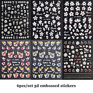 5D Flowers Nail Art Stickers, 6 Sheets Self Adhesive Nail Decals Spring Daisy Nail Art Design Cherry Blossom Stickers for Acrylic Nails Gold Bronzing Pegatinas Uñas Nail Stickers for Women