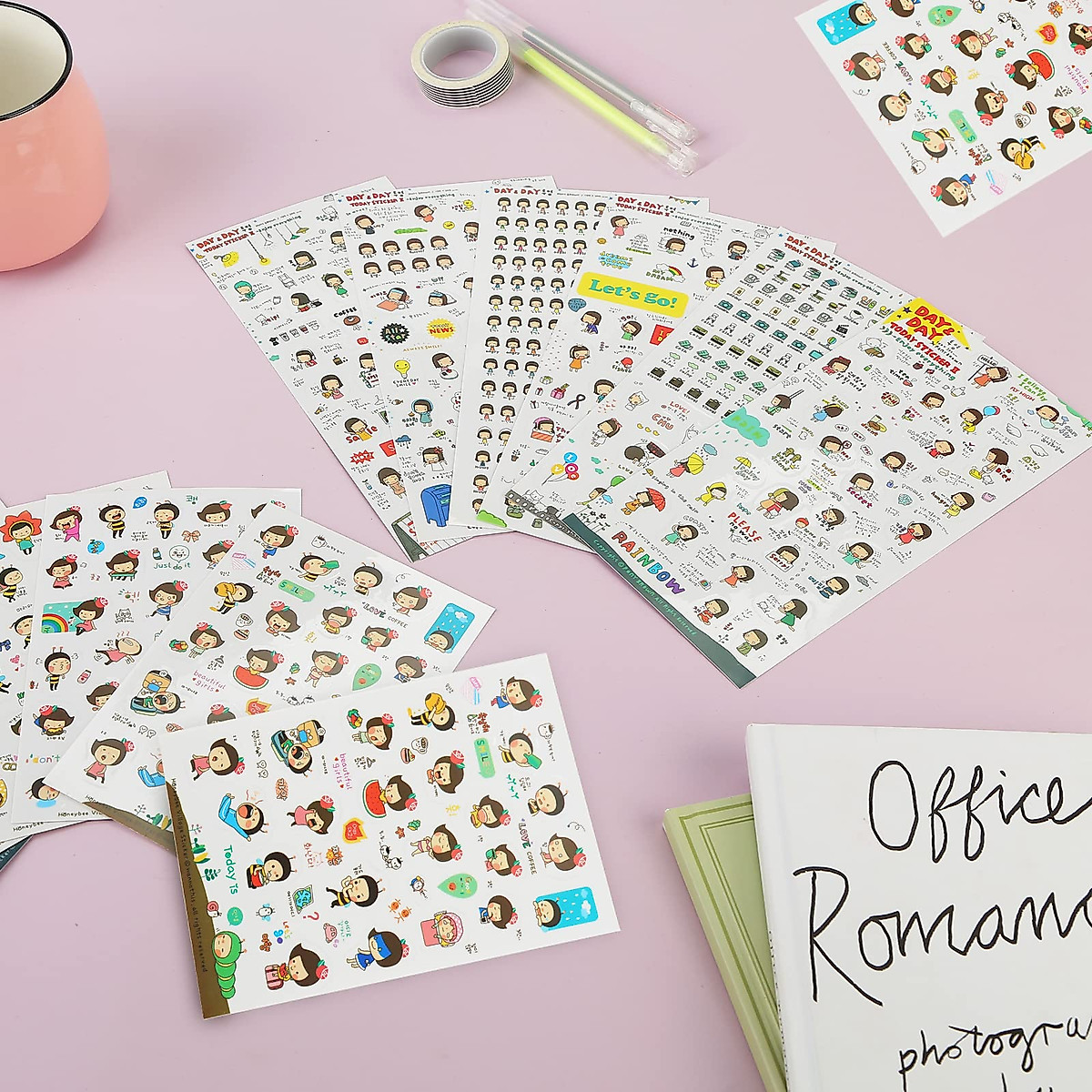 12 Sheets Happy Girl DIY Scrapbook Sticker, Kawaii Cartoon Korean Planner Stickers Set for Diary,Book,Phone and Photo Album