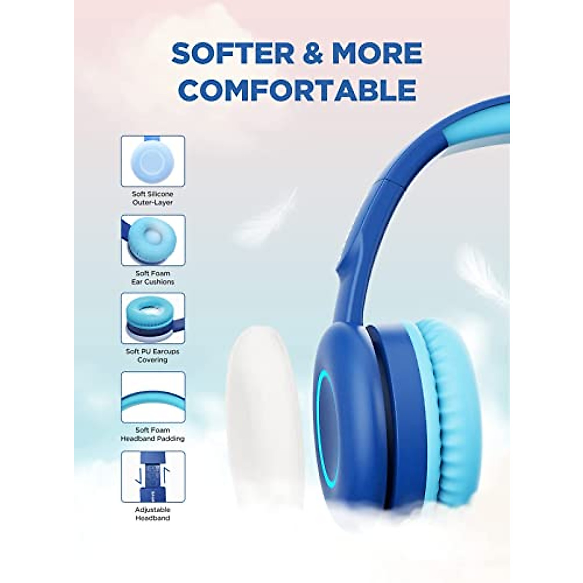 BIGGERFIVE Kids Wireless Bluetooth Headphones with 7 Colorful LED Lights, 50H Playtime, Microphone, 85dB/94dB Volume Limited, Foldable On Ear Headphones for School/Girls/Boys/iPad/Fire Tablet, Blue
