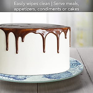 CounterArt Coastal Sketch 4mm Heat Tolerant Tempered Glass Lazy Susan Turntable 13" Diameter Cake Plate Condiment Caddy Pizza Server