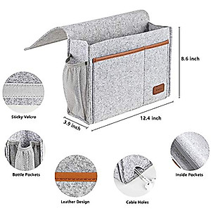 Bedside Caddy, Felt Bed Storage Organizer Hanging Bag Holder with 5 Pockets, Magazine Book Phone Tablet iPad Cables Remote and Water Bottle Holder for Home Dorm Bed Sofa, Light Gray