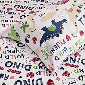 Dinosaur Twin Sheet Set for Kids Boys Teens Cute 3 Pieces White Microfiber Bedding Set with Green Red Yellow Blue Dinosaur Colorful Monster Style