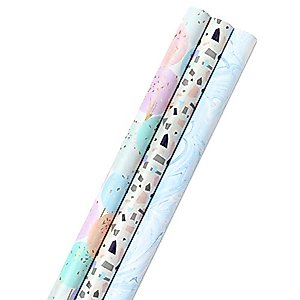 Hallmark Wrapping Paper Bundle with Cut Lines on Reverse - Blush Pink, Gray, Blue, Gold (3-Pack: 55 sq. ft. ttl.) High Gloss & Metallic Prints for Mothers Day, Weddings, Baby Showers, Bridal Showers