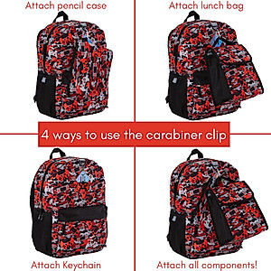 RALME Red Camo Gaming Backpack Set for Boys, 16 inch, 6 Pieces - Includes Foldable Lunch Bag, Water Bottle, Key Chain, & Pencil Case