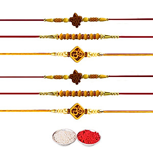 CRAFTONE Set of 6 Om & Ganesha Design Traditional Rakhi for Brother, Designer Rakhi Set for Raksha Bandhan, Moti Beads Rakhi Thread Bhaiya Bhabhi Sister Rakhi Band for Rakshabandhan with Roli Chawal