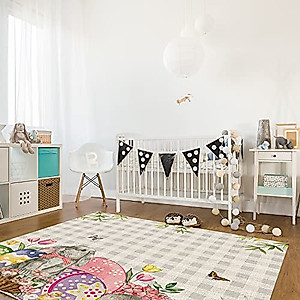 Easter Area Rugs for Living Room/Bedrooom, 2'x3' Area Rug Non-Slip, Cute Bunny Eggs Spring Floral Tulip Botanical Grey Plaid Kids Room Area Rug Washable Accent Floor Carpet Runner Indoor Outdoor