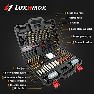 LUXHMOX 59-in-1 Universal Hunting Rifle Pistol Gun Cleaning Kit for All Shotguns - Carrying Case Including Cotton Mop, Bronze Brushes, Brass Jags, Brass Rods, Empty Oil Bottles (Black)