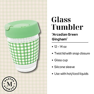 Martha Stewart Glass Tumbler, 12 Ounce Travel Coffee Mug with Splashproof Lid & Green Gingham Silicone Sleeve, Hot or Cold Beverages, Arcadian Green Gingham