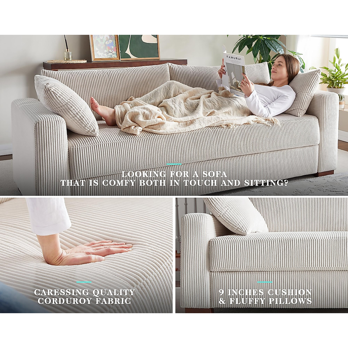 VanAcc Modern Sofa, Sofa Couch with Soft Corduroy Upholstered, 3 Seater Comfy Couch for Living Room Home Office-White Couch