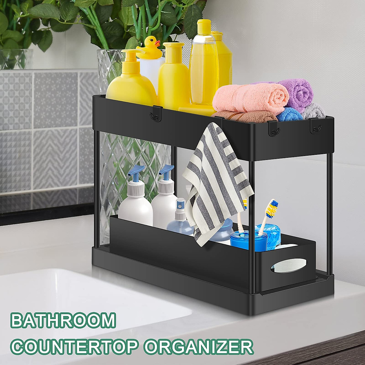 2 Pack Under Sink Organizers and Storage, 2-Tier Bathroom Organizer with Pull-Out Drawer & Hooks, Under the Sink Kitchen Cabinet Organizers Shelf for Countertop Laundry Organization and Storage-Black