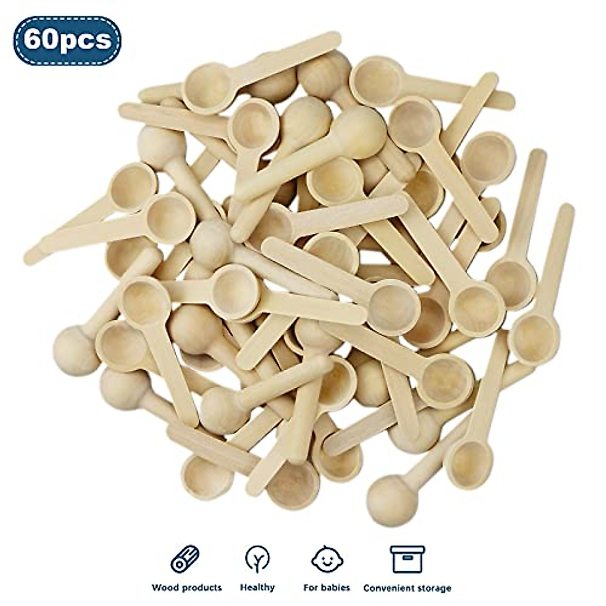 BILLIOTEAM 60 PCS Mini 3 Inch Small Wooden Spoons,Tiny Small Natural Wooden Bath Salt Scoop Tasting Spoon for Salt Seasoning Condiment Spice Sugar Coffee Honey