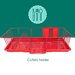 Dish Drying Rack (Red) | By Home Basics | Dish Drainers For Kitchen Counter | With Sloping Tray and Utensil Holder | Big Dish Drying Rack
