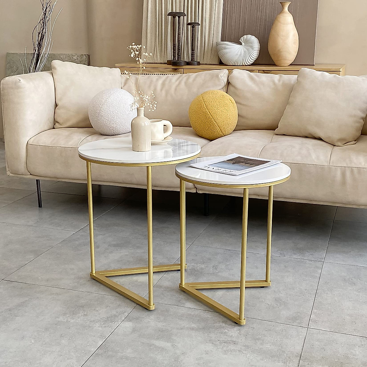 Wisfor Nesting Side Table Set of 2 Gold Marble Nesting Accent Table Set with Sintered Stone Desktop for Living Room